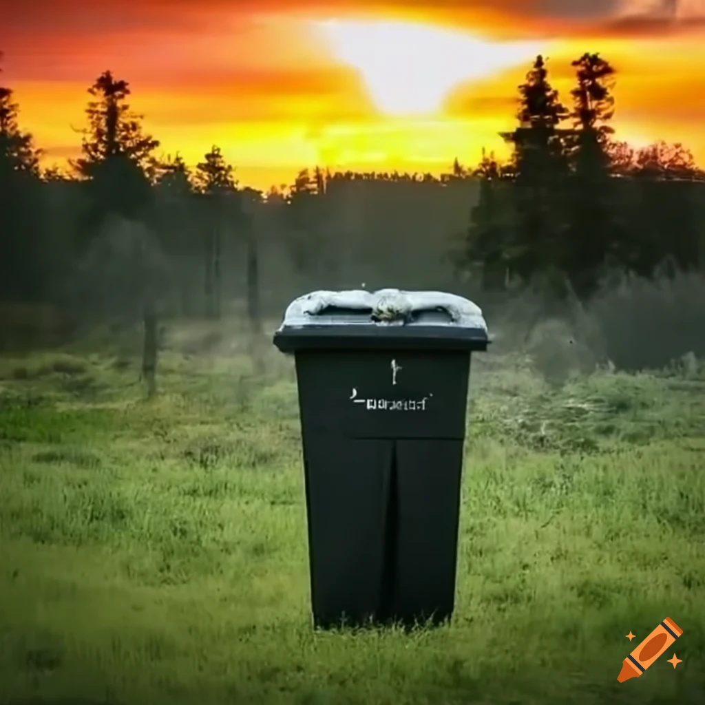 Garbage can in green setting at sunset with recycling logo, hyper ...