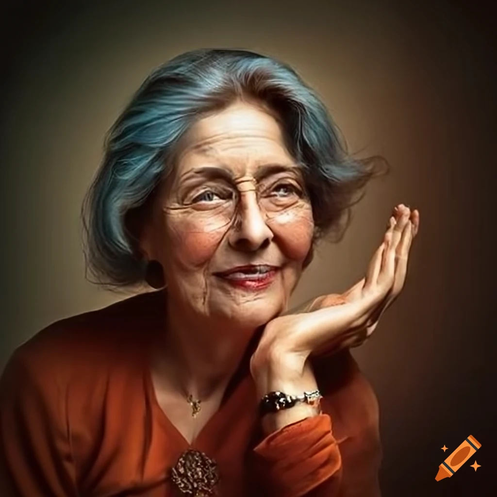 Middle-aged woman smiling while looking through a photo album on Craiyon