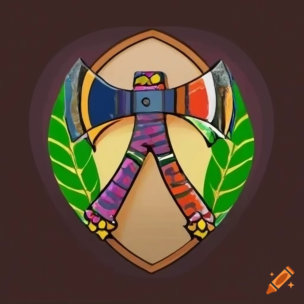 Colored axe in a shield surrounded by laurel leaves in picasso style on ...