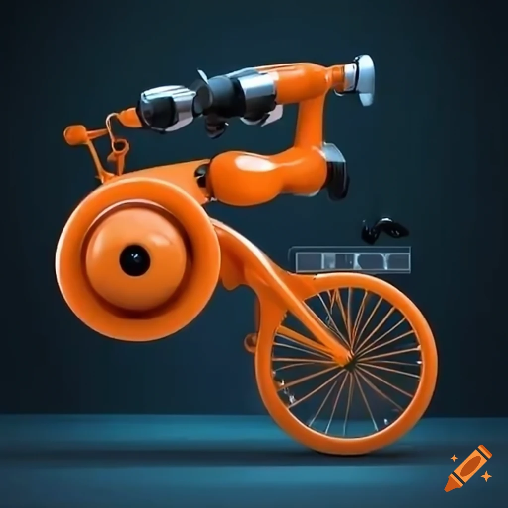 Orange bicycle resembling a kuka robot in motion on Craiyon