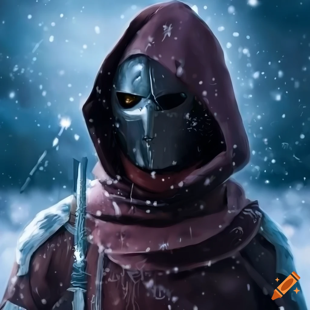 Medieval masked monk paladin in winter clothing on a snowy background ...