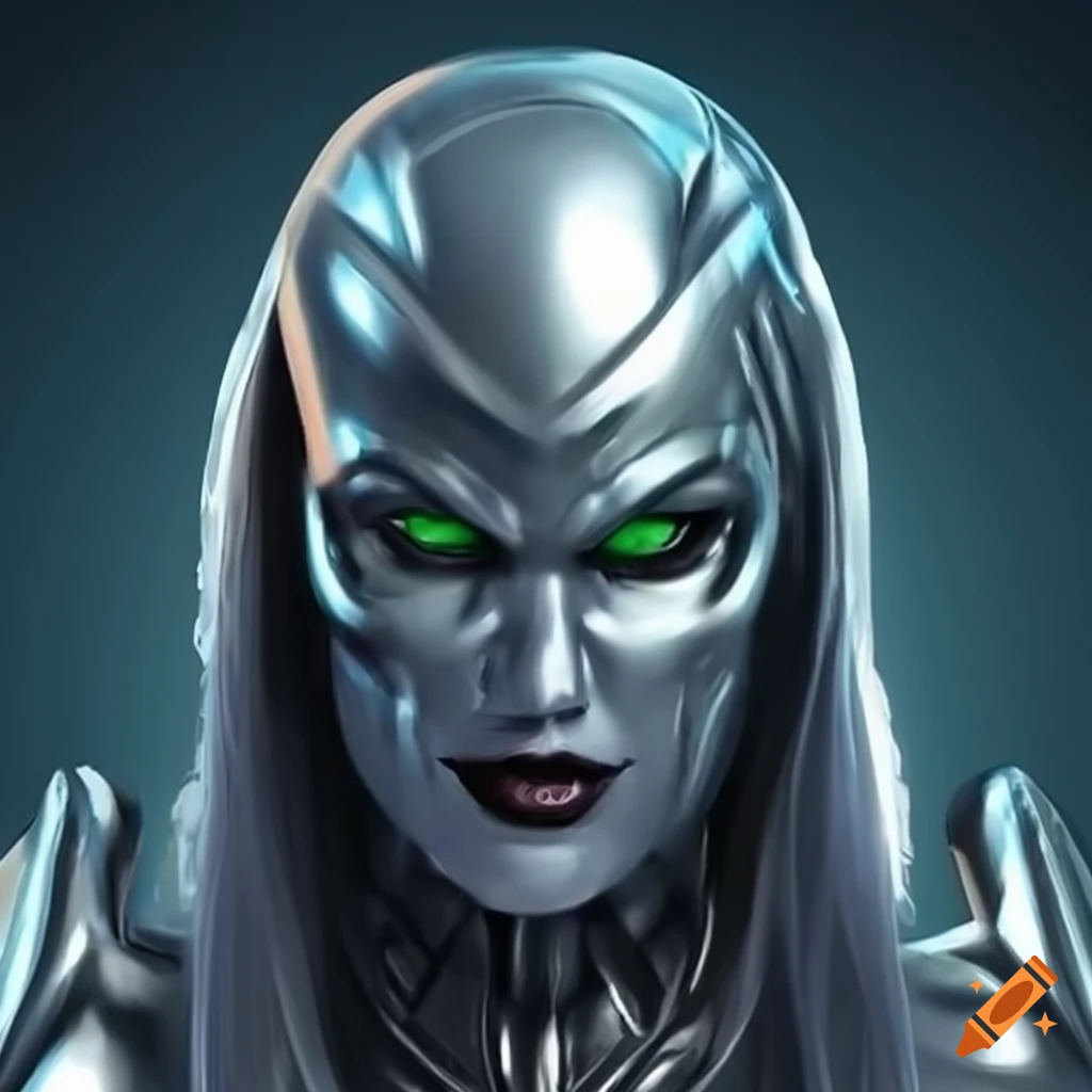Detailed realistic comic style of a metallic silver female villain with ...