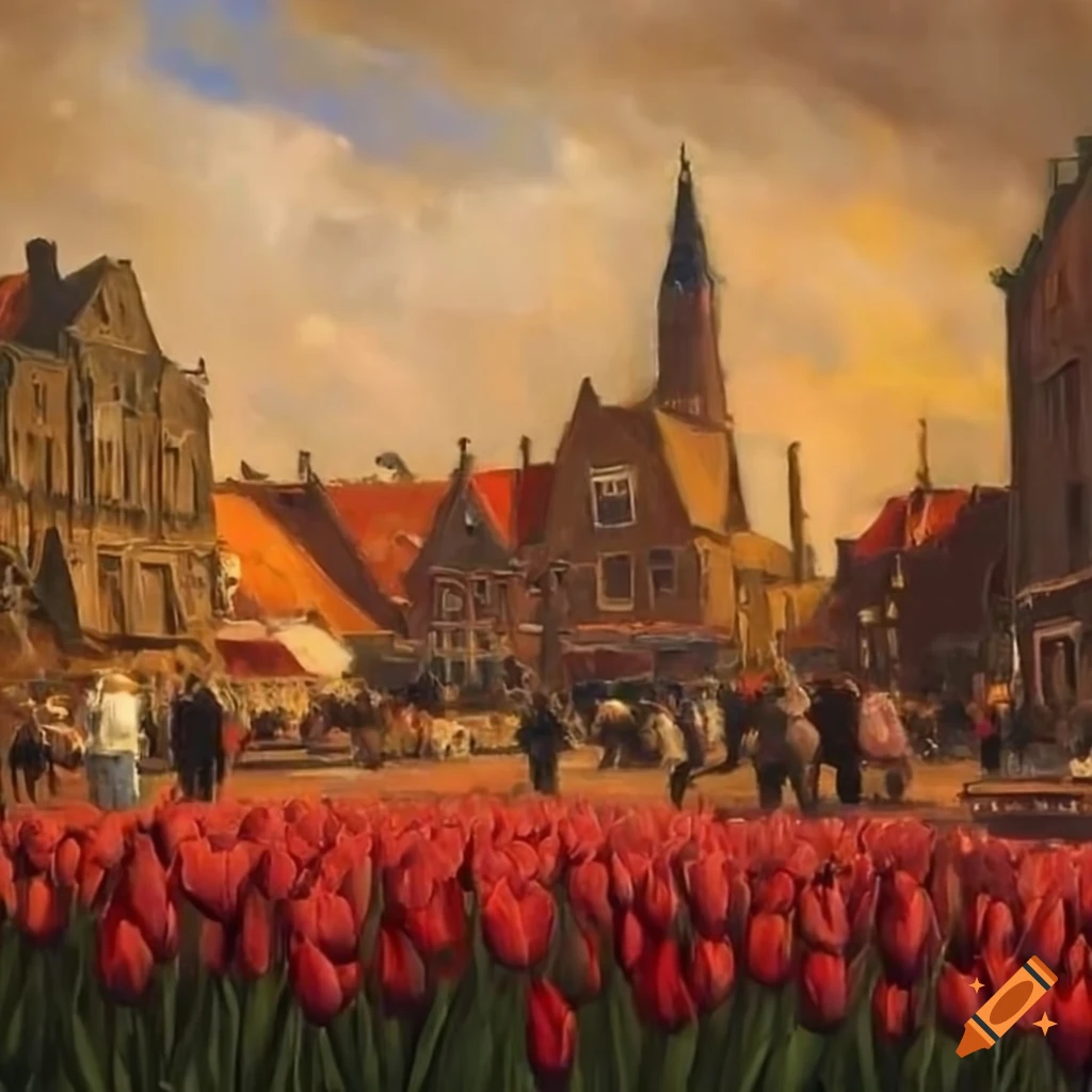 Softly-lit Dutch painting of a nostalgic tulip market with a vendor offering tulips on Craiyon
