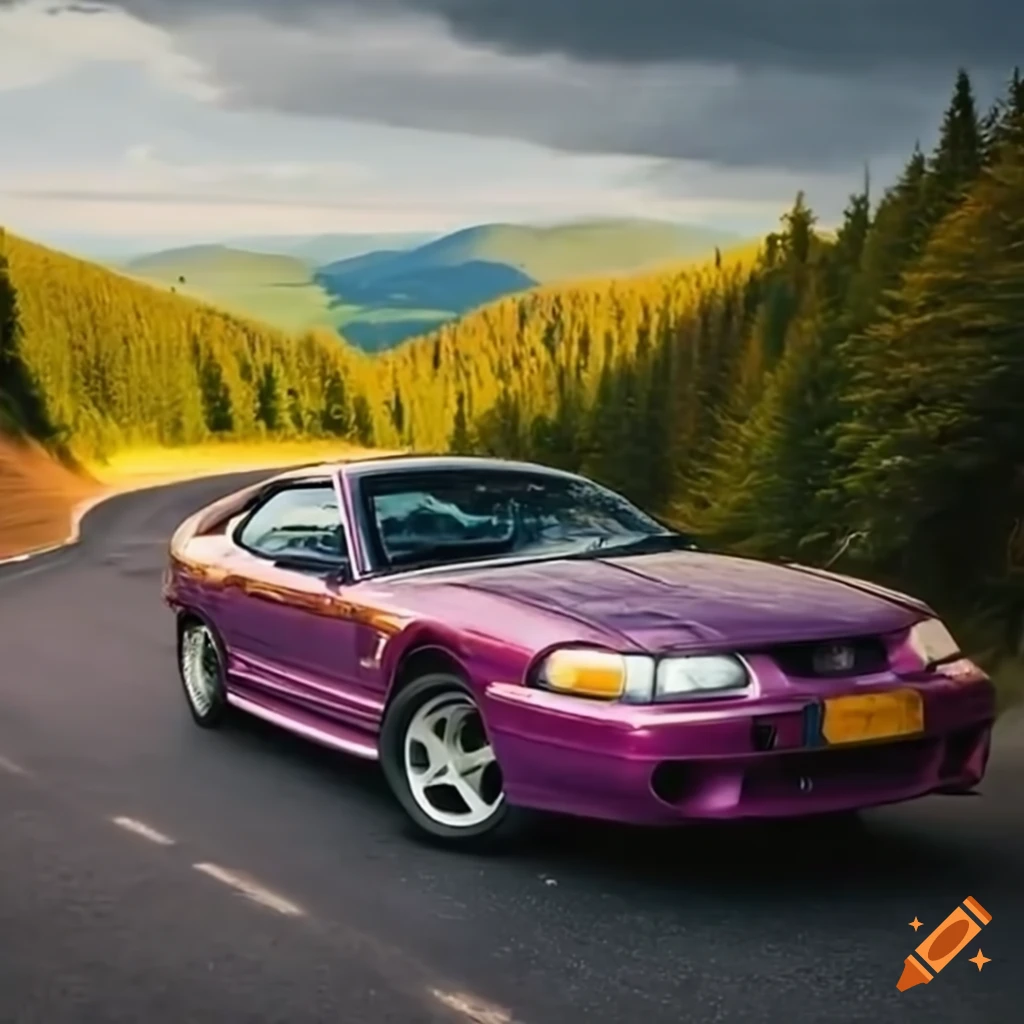 1994 mustang with a husky dog driving in the mountainous terrain on Craiyon