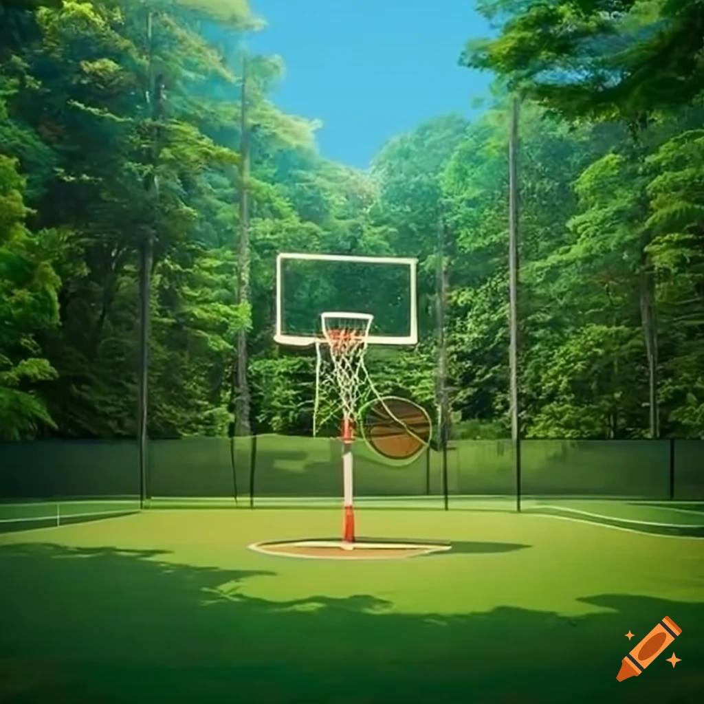 Stunning basketball court in a lush natural environment on Craiyon