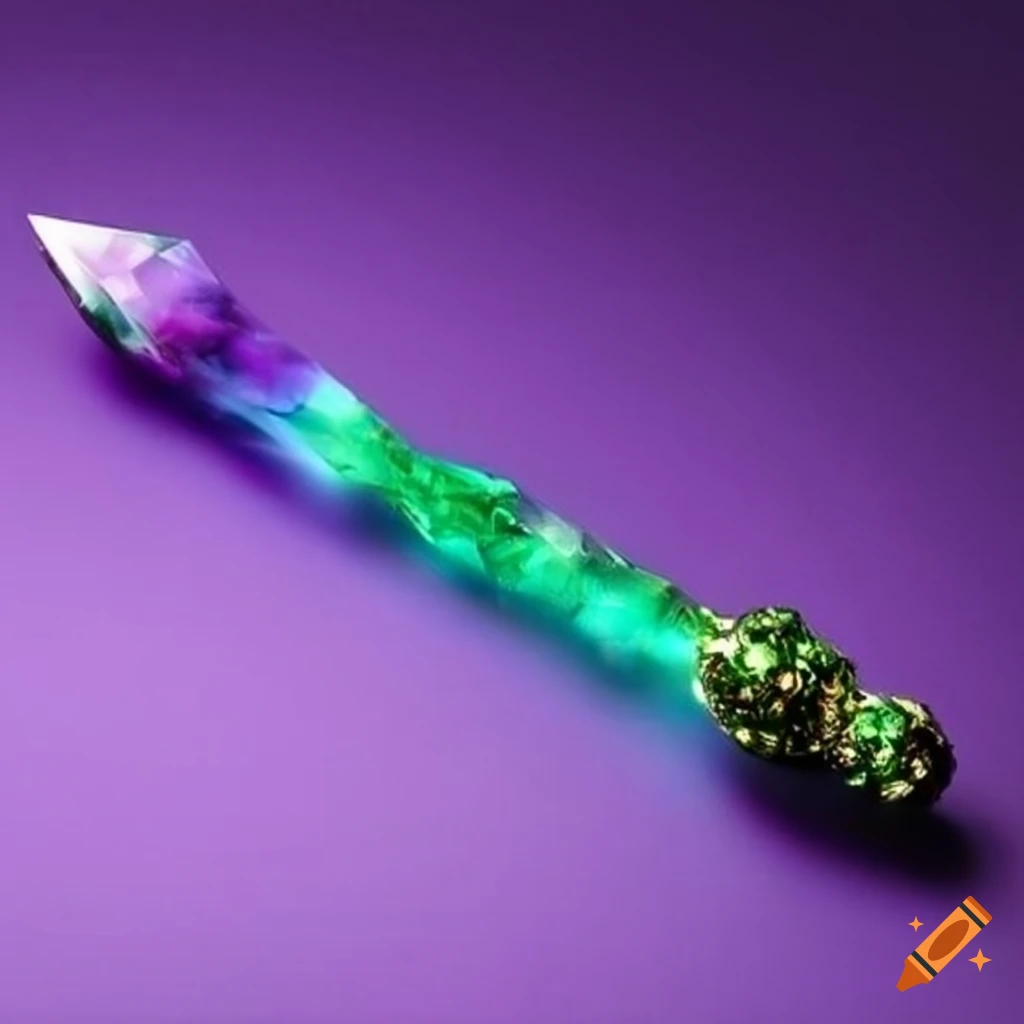 Realistic long magic wand with purple and green crystals and metal on ...