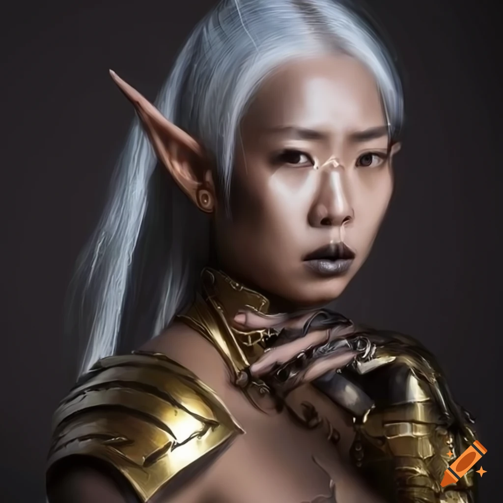 Asian elf woman with dark skin and white hair in gold armor on Craiyon