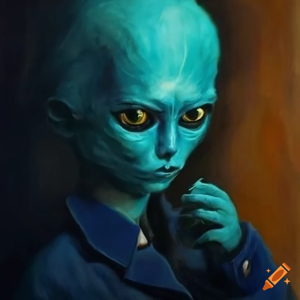 Enigmatic painting of a turquoise-colored cat and an otherworldly ...