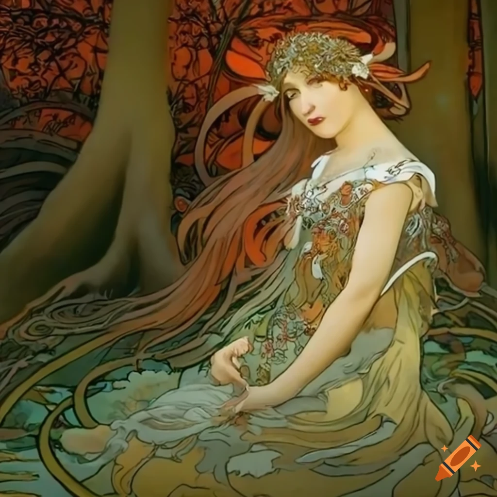 Ethereal beauty of a mystical forest scene painted by Mucha on Craiyon