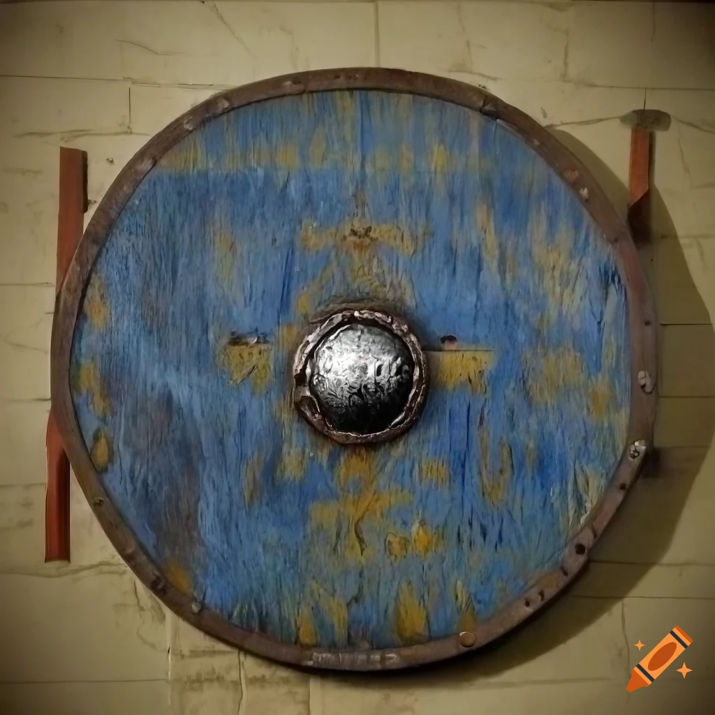 Viking battle shield hanging on a prison wall with a william turner ...