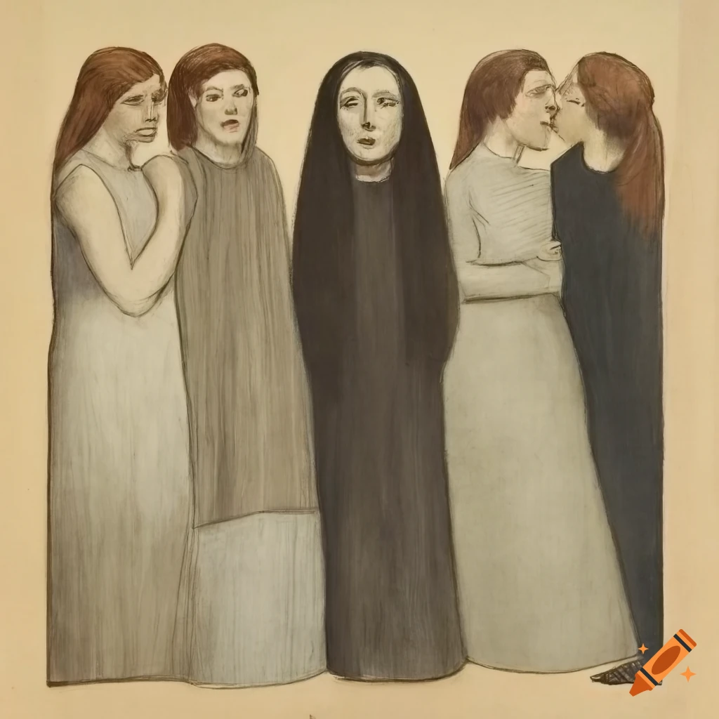 Full Body View Of Pouty Pre Raphaelite Young Ladies With Long Hair In The Style Of Fra