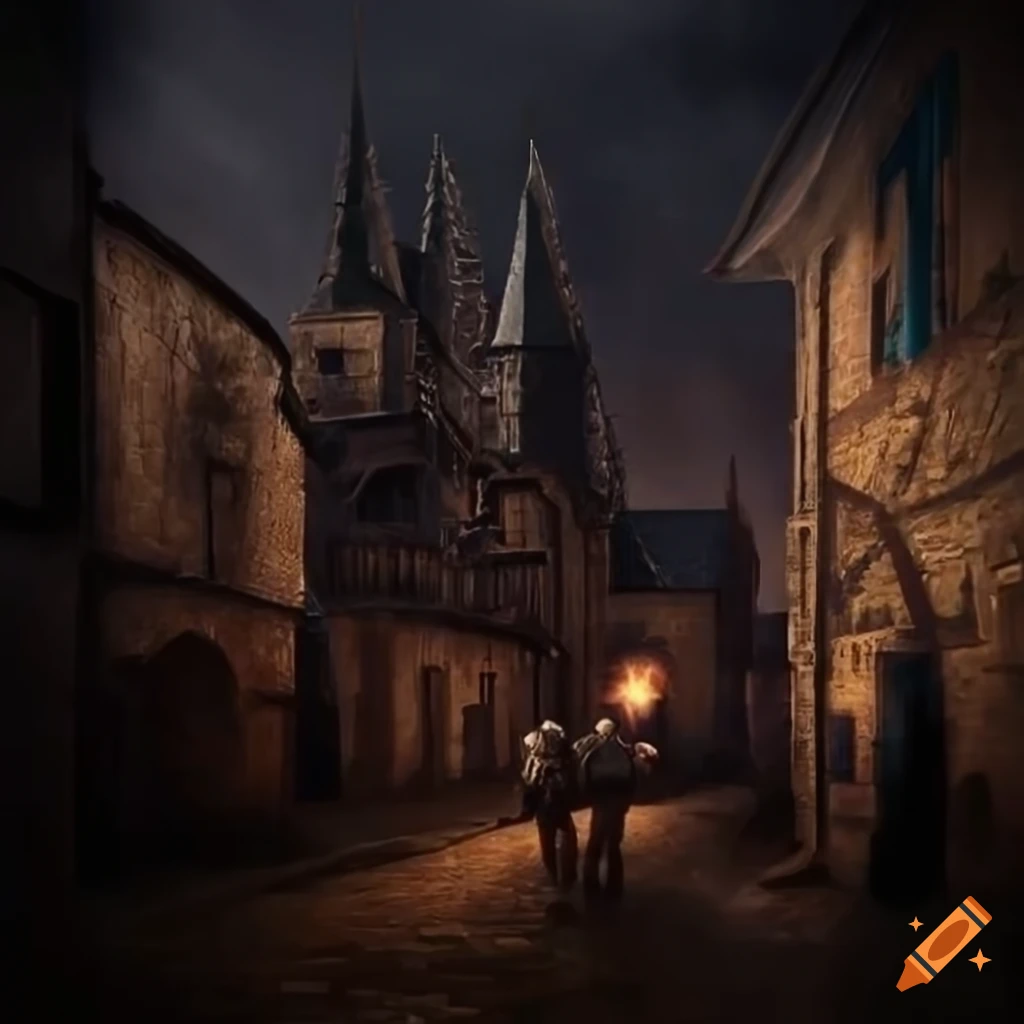 Hyperrealistic landscape of medieval warriors with torches in a ...