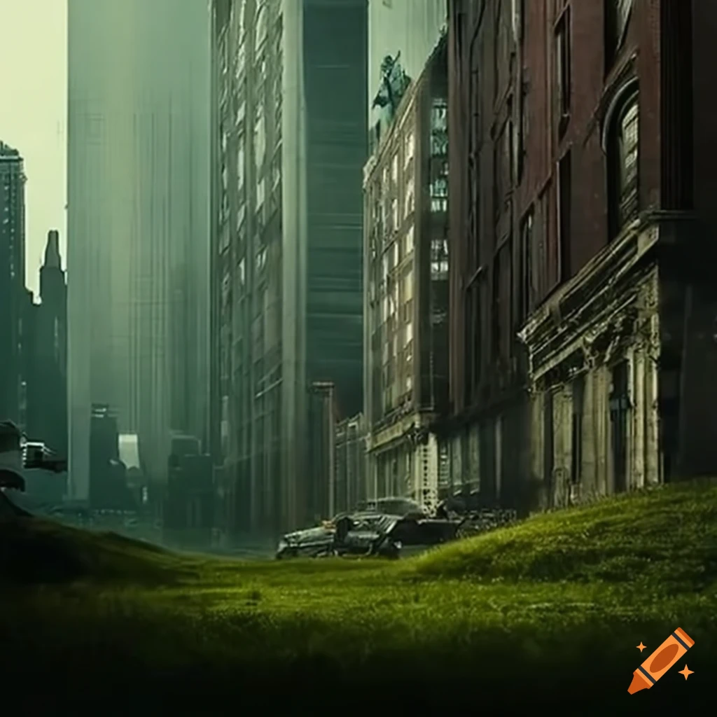 Apocalyptic new york city with roads turned to grass on Craiyon