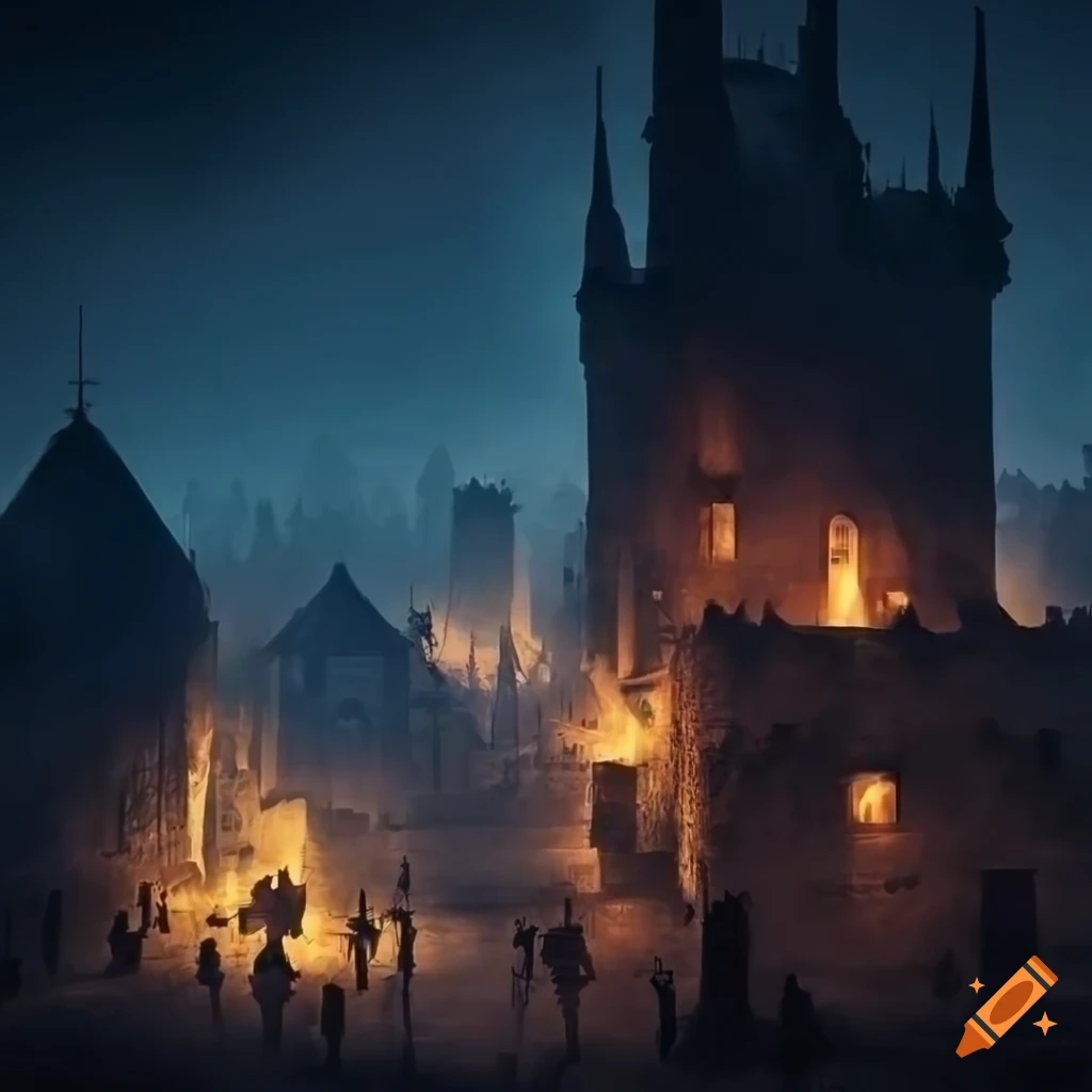 Hyperrealistic landscape of medieval warriors with torches in a ...