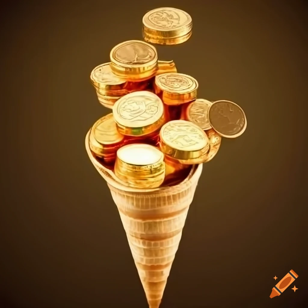 Stack of gold coins in an ice cream cone on Craiyon