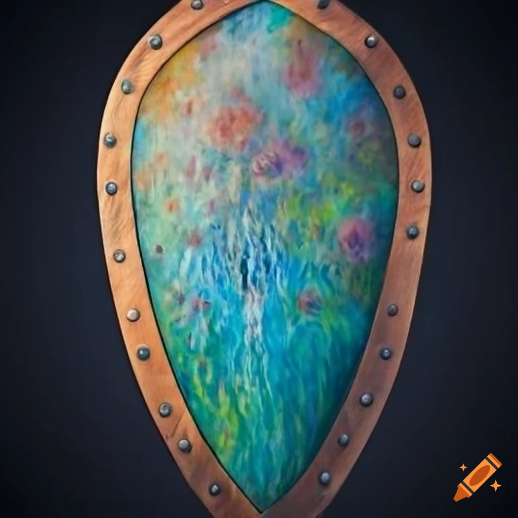 Stylized wooden shield with delicate impressionistic touch on Craiyon