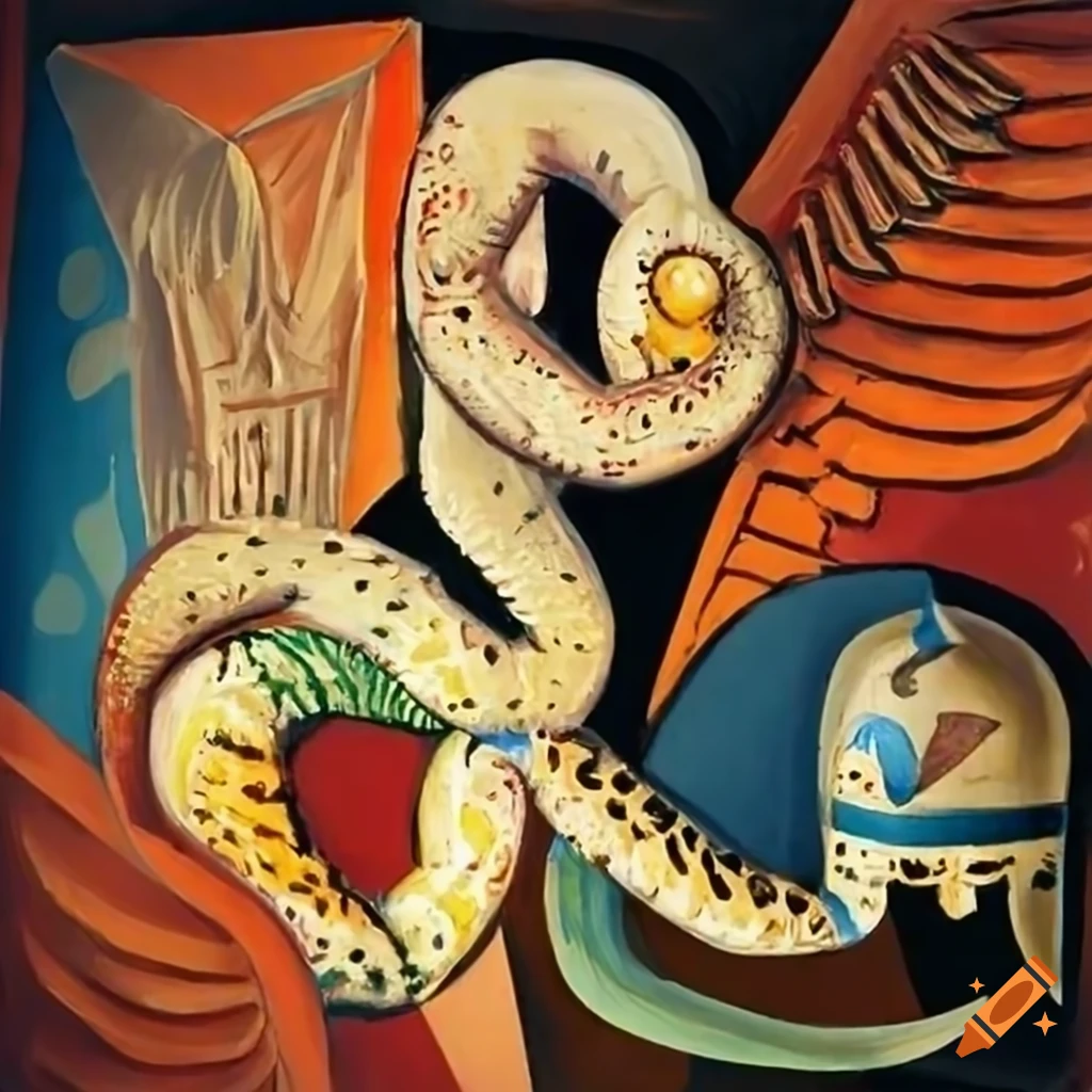 Intertwined snakes and a winged helmet in the style of Pablo Picasso on Craiyon