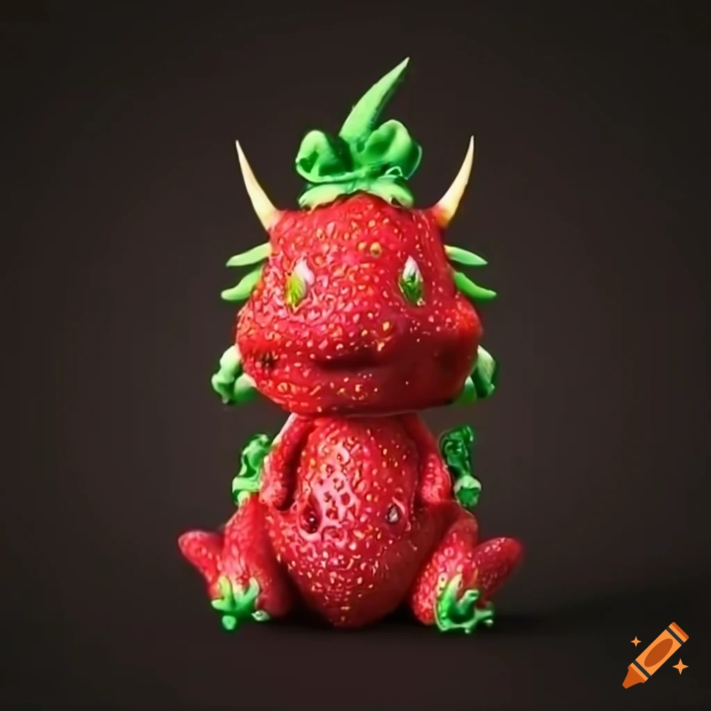 Red cute dragon sitting on a strawberry on Craiyon