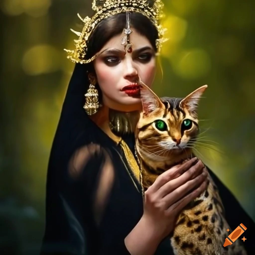 Regal woman with golden diadem and bengali cat in mystical forest on Craiyon