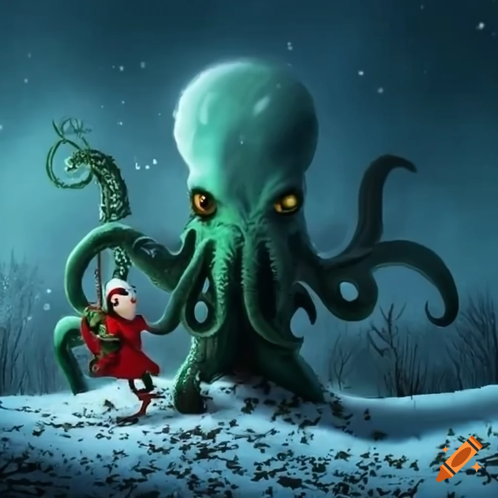 Cthulhu pulling the christmas sleigh through a snowy field on Craiyon