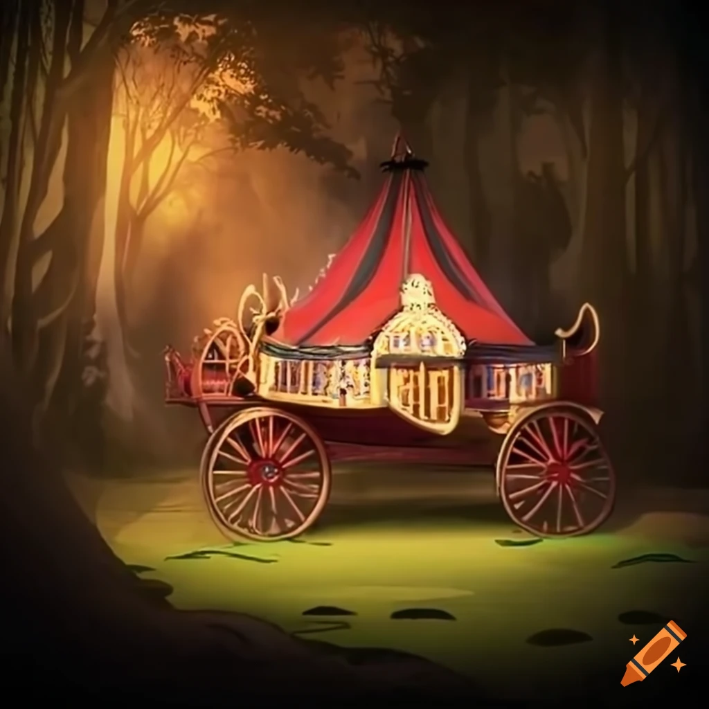 Traveling circus carriage in a fantasy forest setting on Craiyon