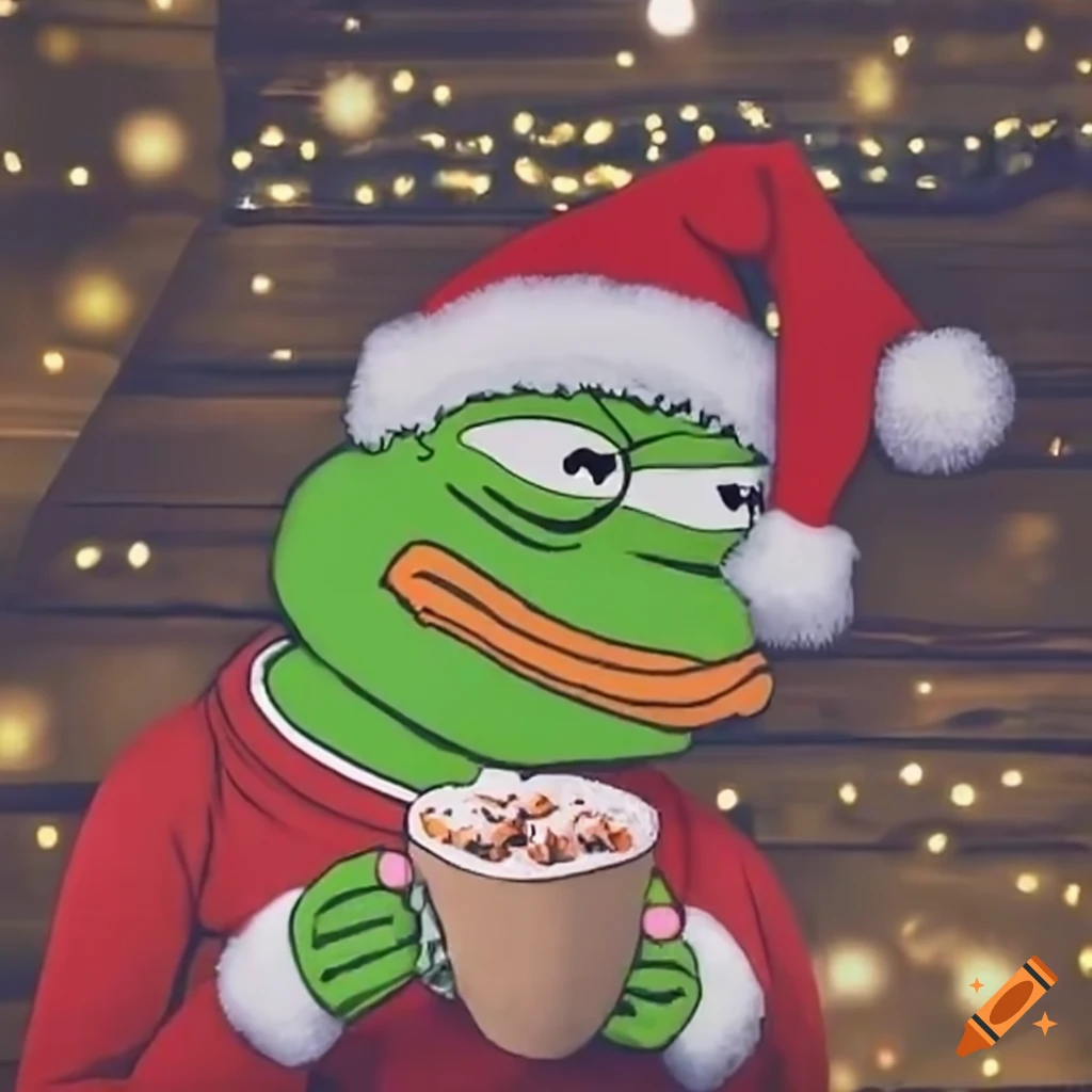 Yellow Pepe The Frog doll wearing santa hat and pajamas in a cozy cabin ...