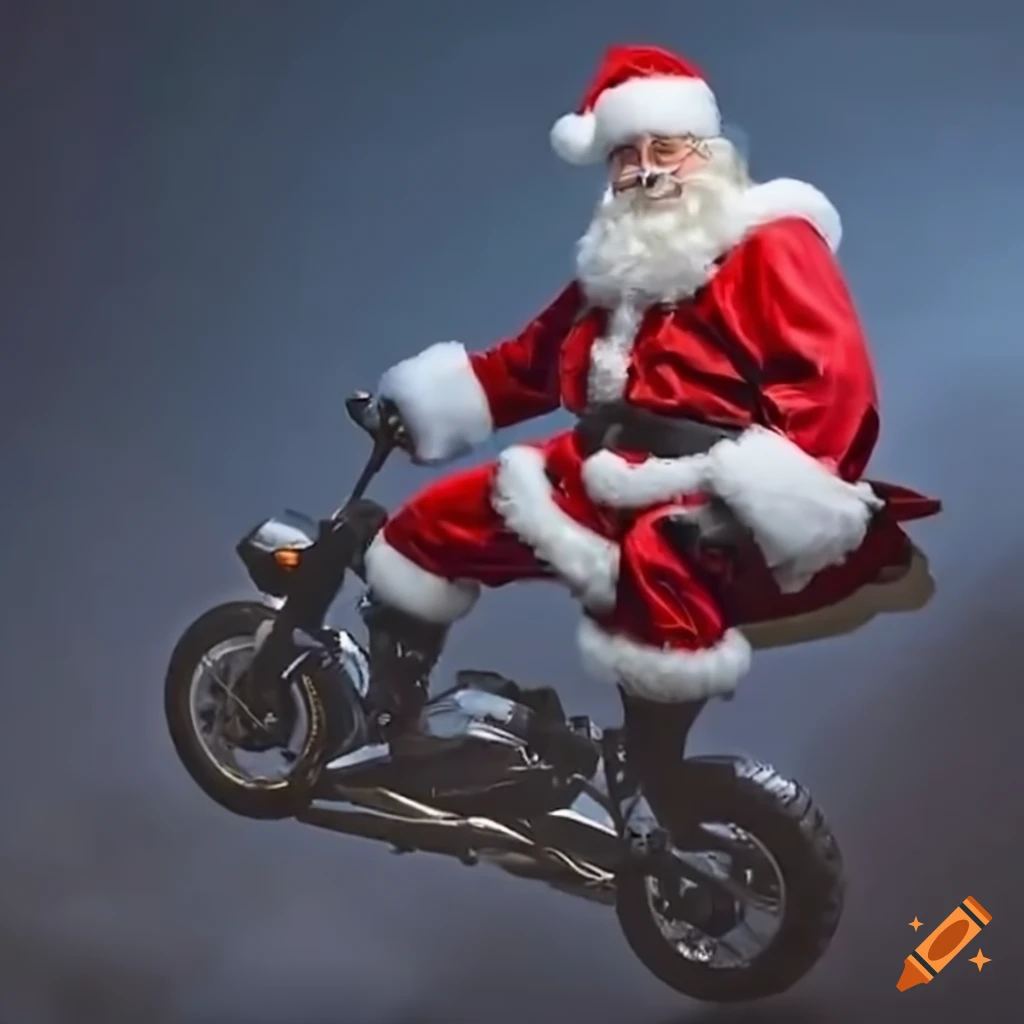 Santa riding a motorbike, jumping from roof to roof on Craiyon
