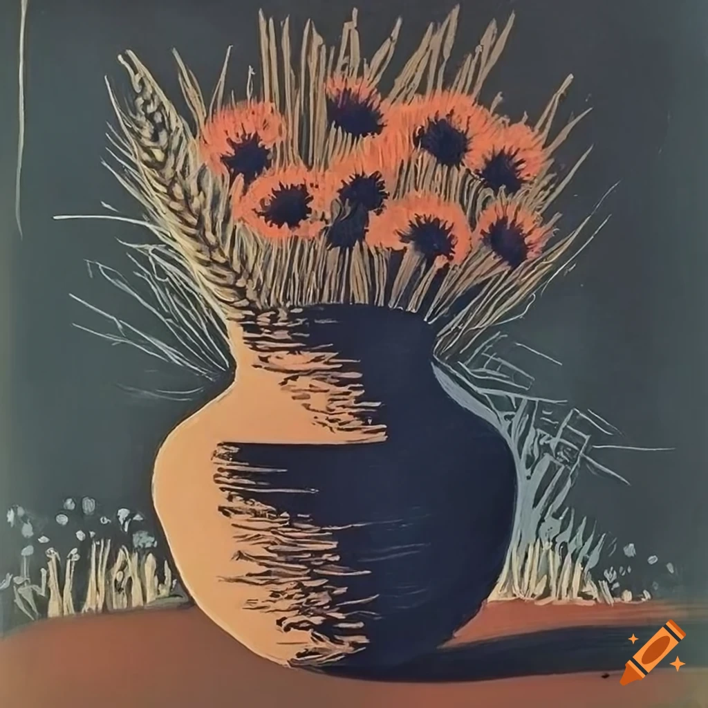 Gloomy cornflower and wheat floral arrangement in a clay pot, linocut ...