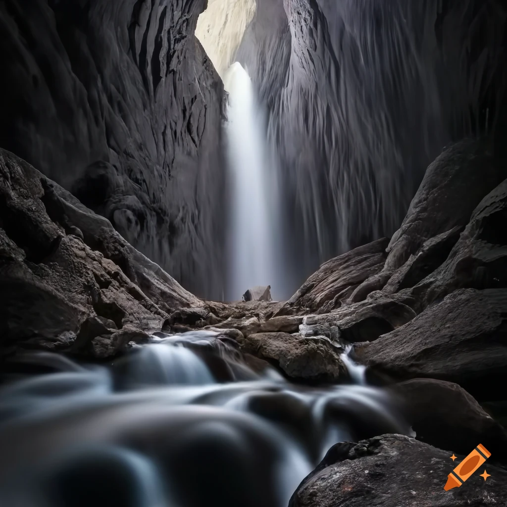 Stream flowing through a dark cave with stalactites and waterfall on ...