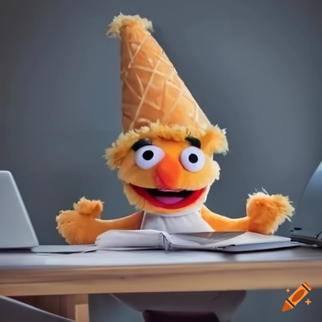 Cute muppet plush cone with a laptop in an open office space on Craiyon