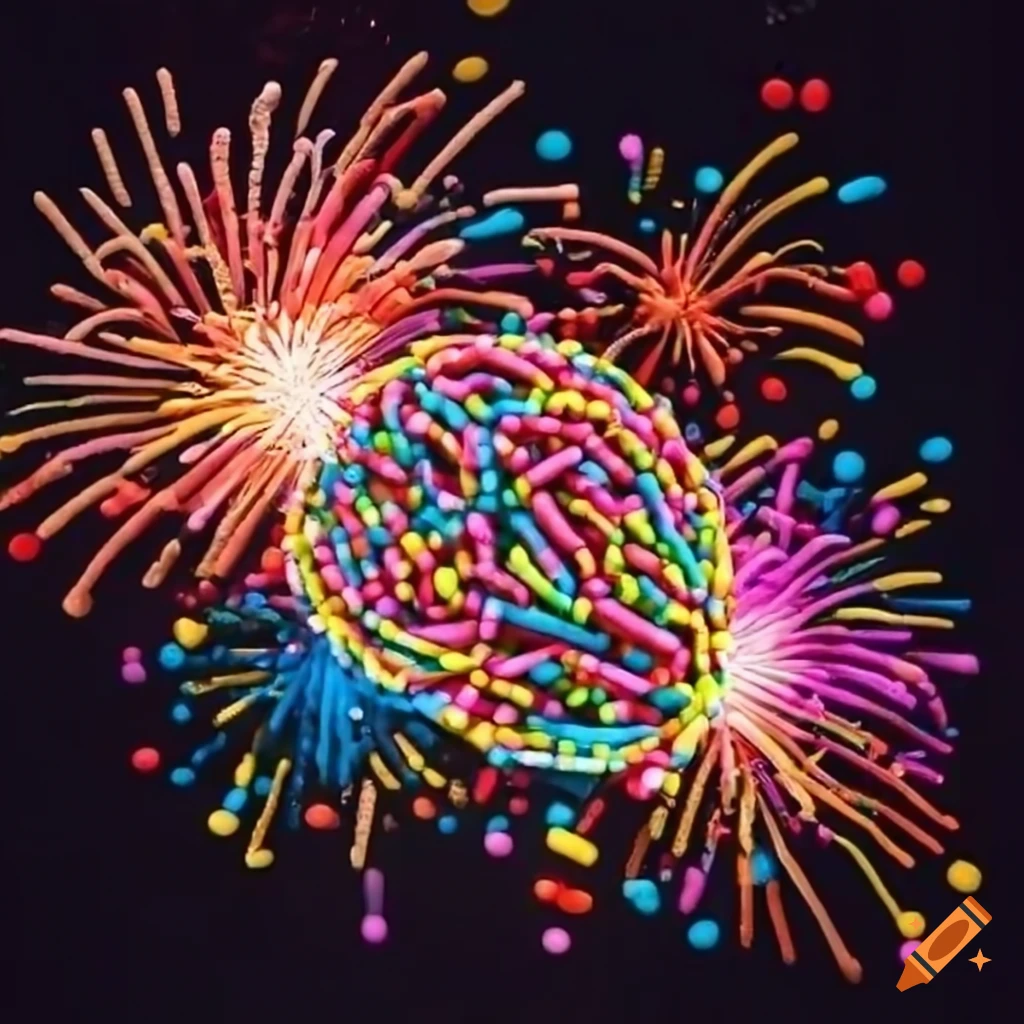 Colorful sprinkles brain floating in fireworks on Craiyon