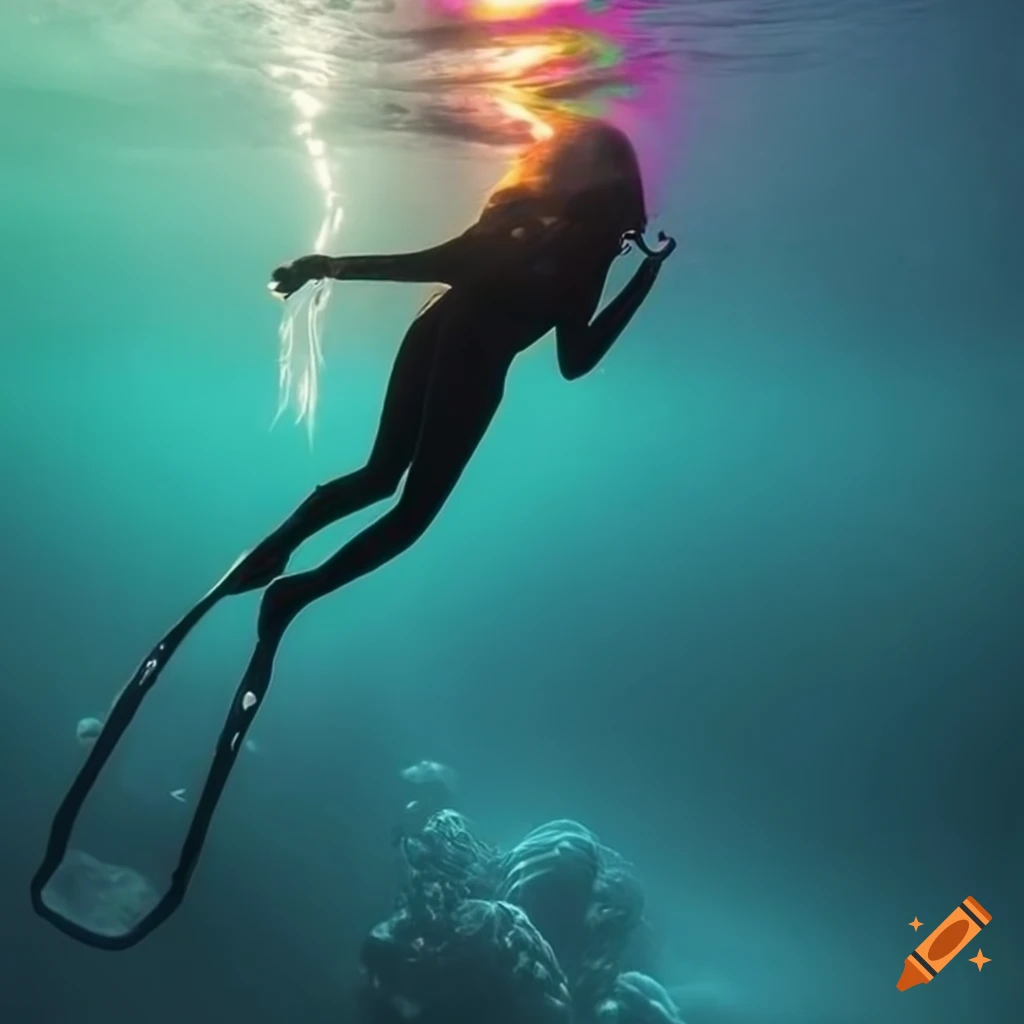 Graceful woman freediving in crystal clear water with vibrant colors on ...
