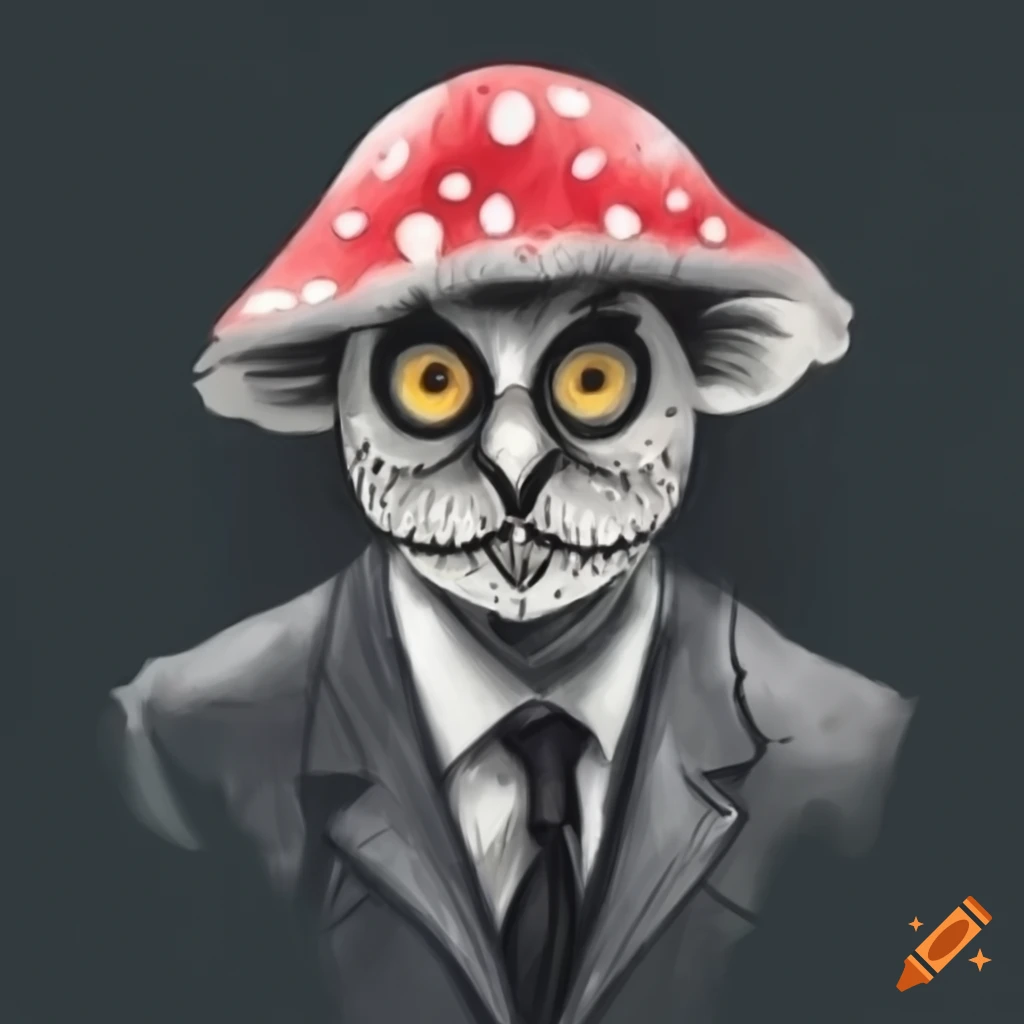 Man with an owl mask in a suit and mushroom hat on Craiyon