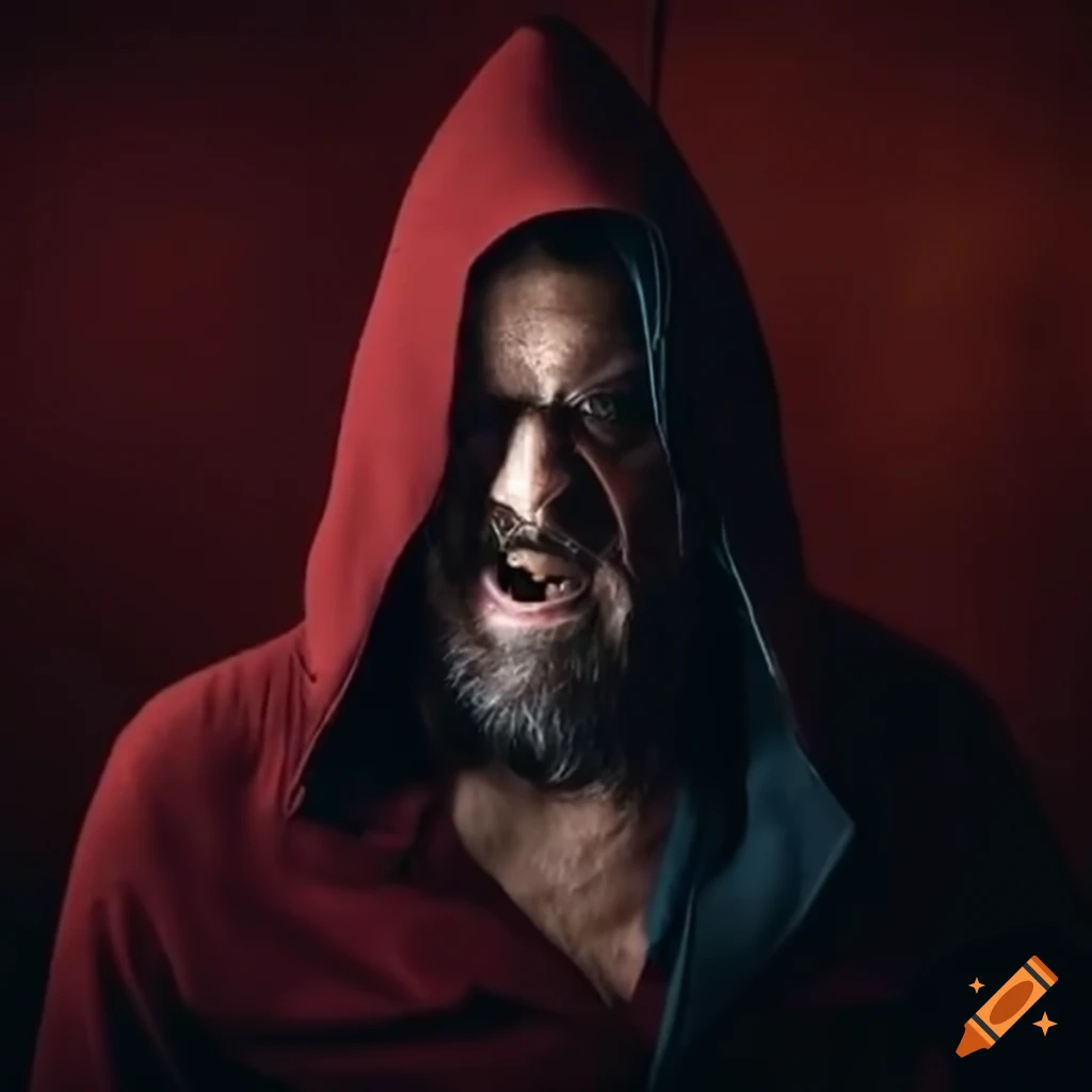 Angry wizard with a hood in center perspective on Craiyon