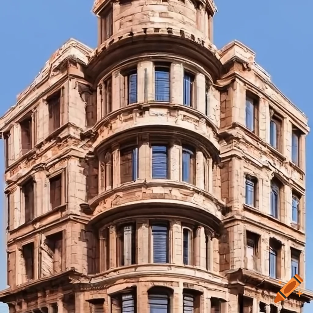 Facade design of a 5-story building with roman stone and brick on Craiyon