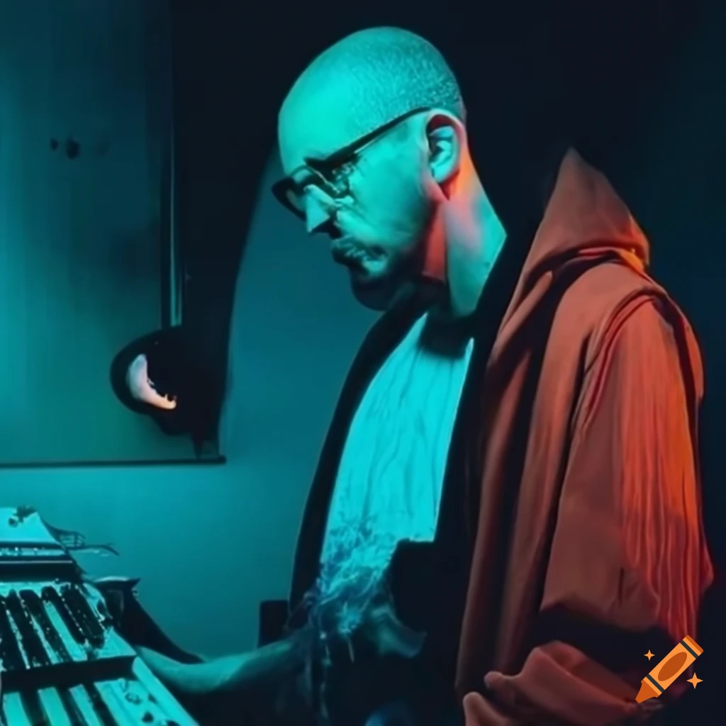 German middle-aged experimental music duo working in a studio on new ...