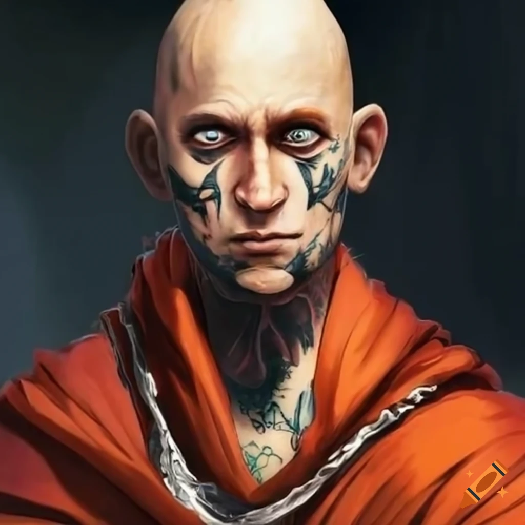 Bald muscular monk with tattoos, holding a spear in flowing red robes ...
