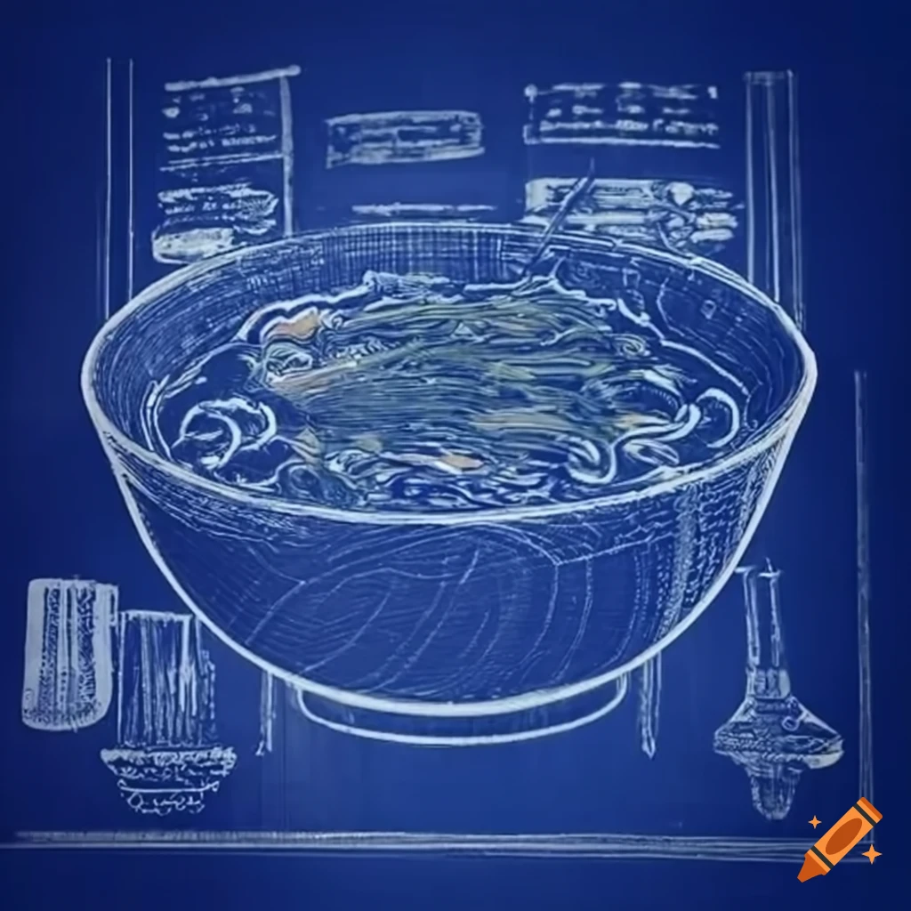 Blueprint diagram of a bowl filled with ramen noodles on Craiyon