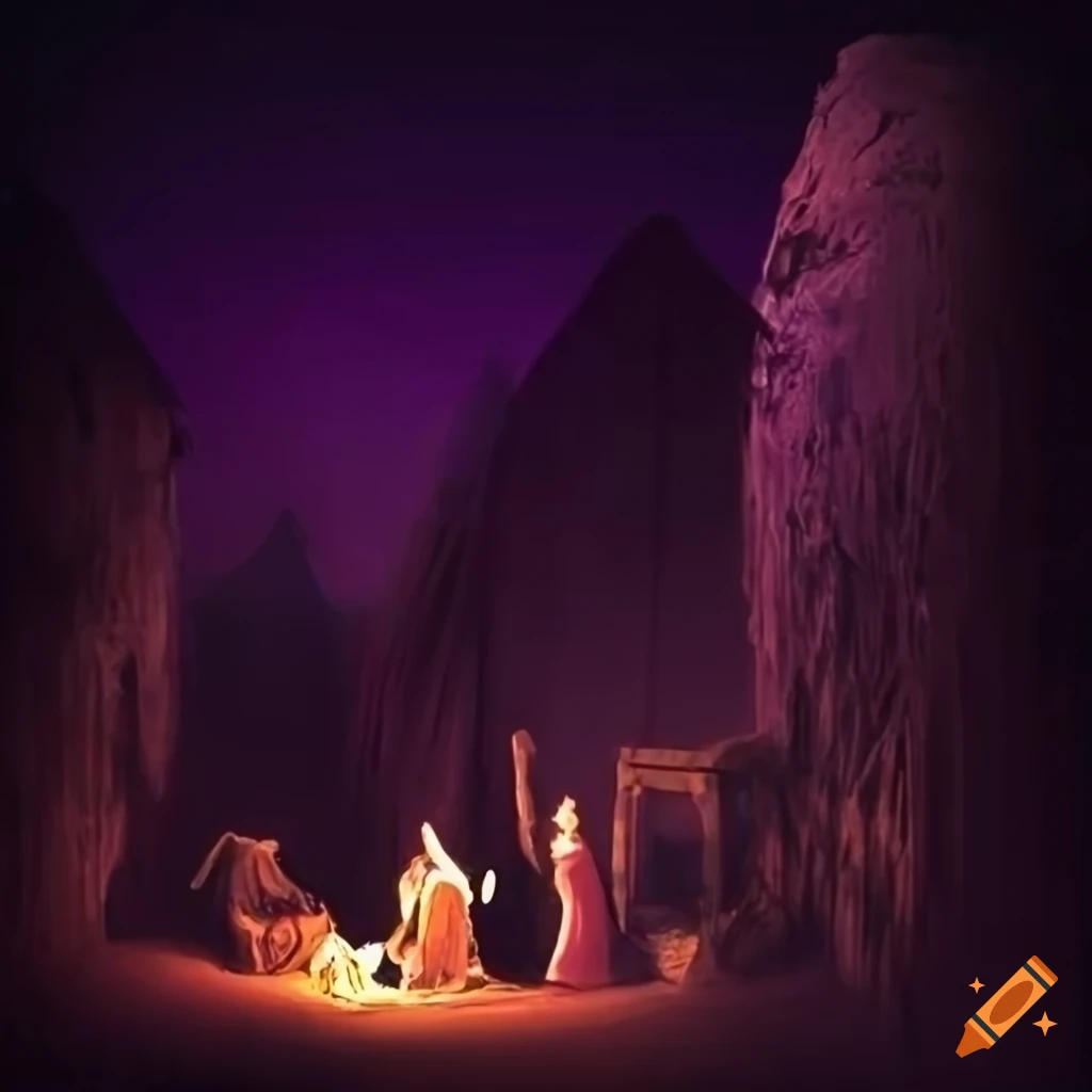 Nativity scene with glowing baby jesus in a shed under a deep purple ...