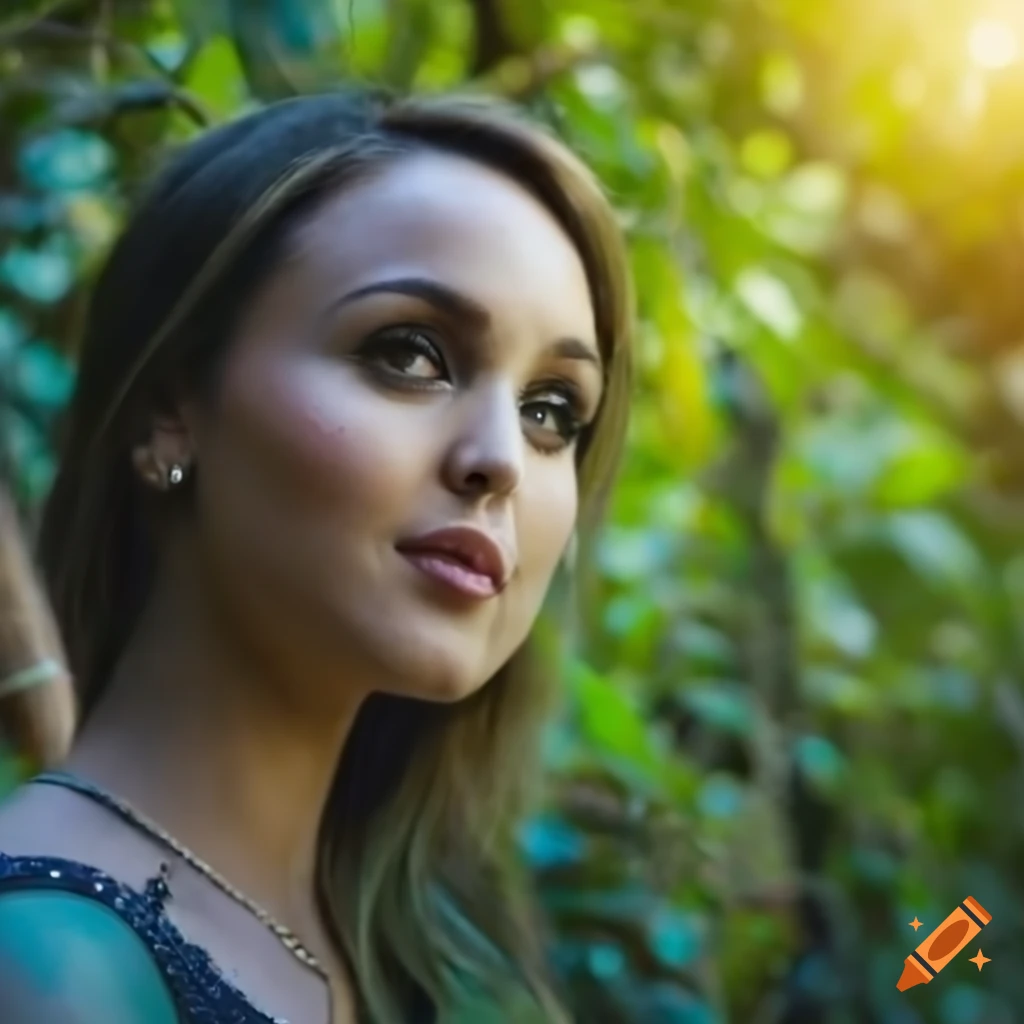Young woman with soft features in front of a jungle background on Craiyon