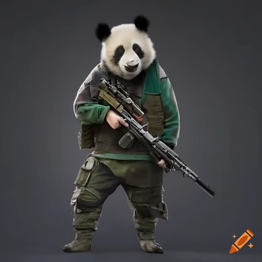 Panda investigating battlefield in a uniform on Craiyon