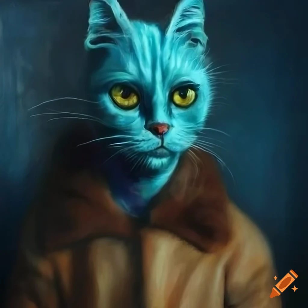 Enigmatic painting of a turquoise-colored cat and an otherworldly ...