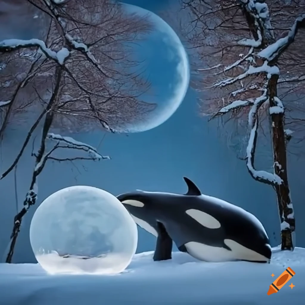 Two orcas in a snowglobe on a magical winter night on Craiyon