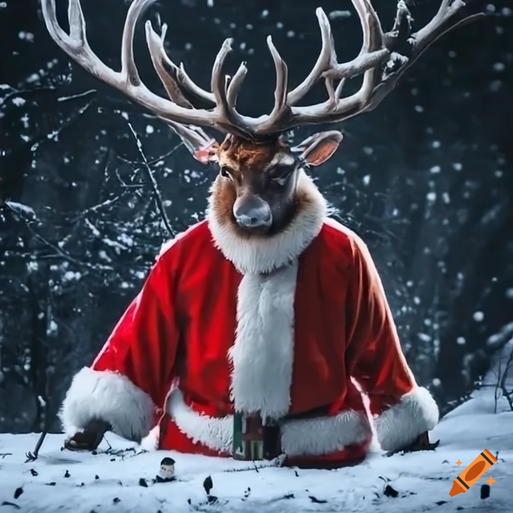 Jagermeister stag with santa in the snow on Craiyon