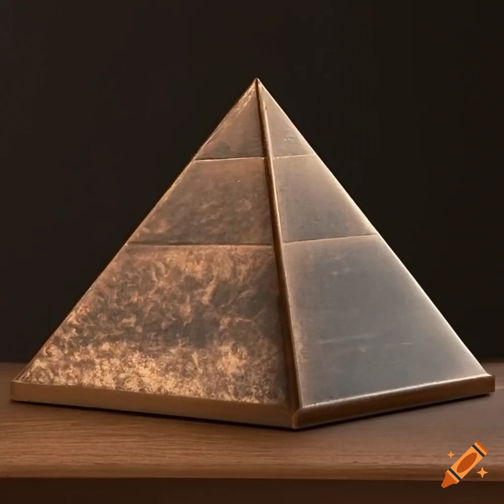 Ornamental pyramid with metallic jade inserts on a dusty wooden desk on ...