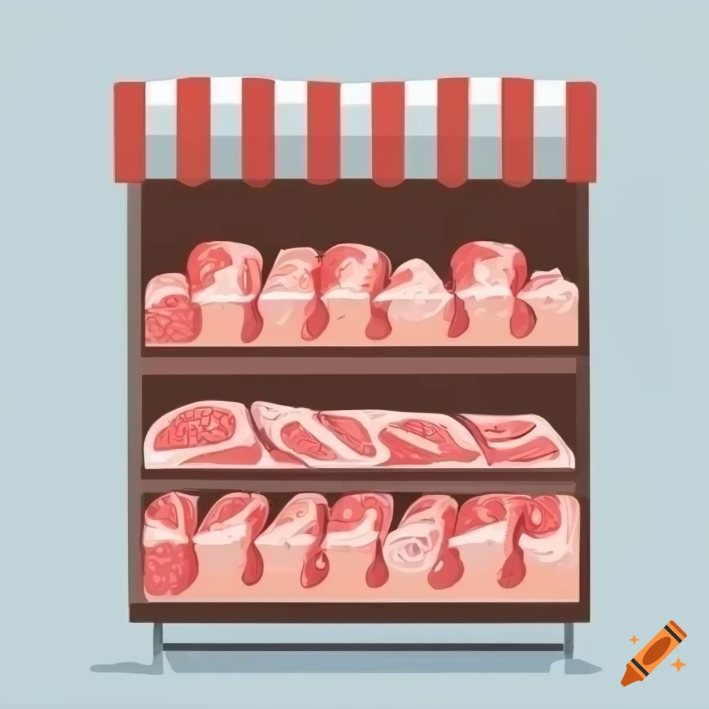 Grocery store meat section shelves in cartoon style on Craiyon