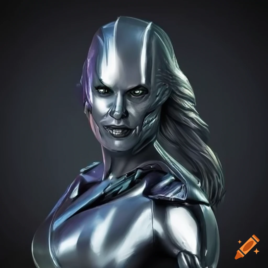 Detailed realistic comic style of a metallic silver female villain with ...