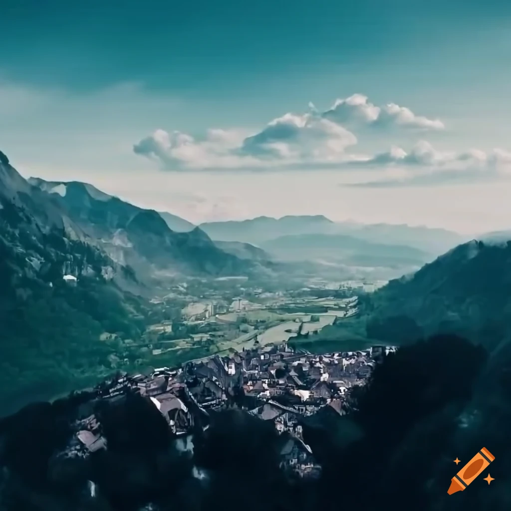 Manor rooftop overlooking a white medieval town on a mountainside on ...