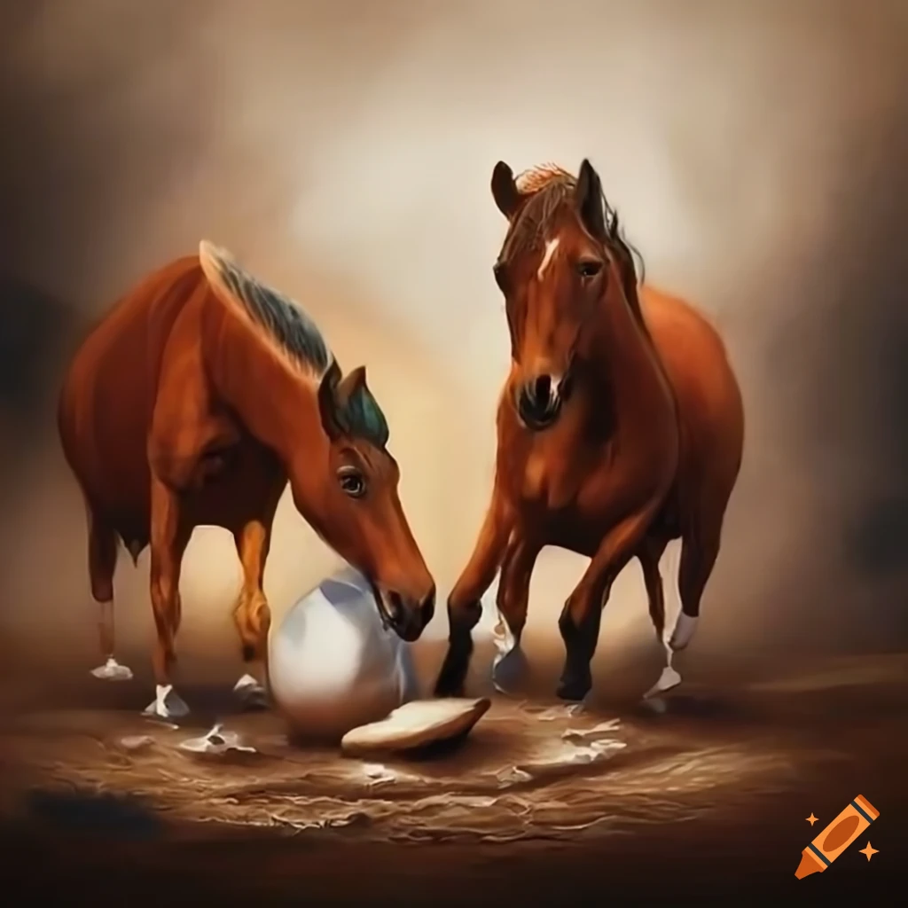 Realistic painting of majestic horses around a broken egg oozing yolk on Craiyon