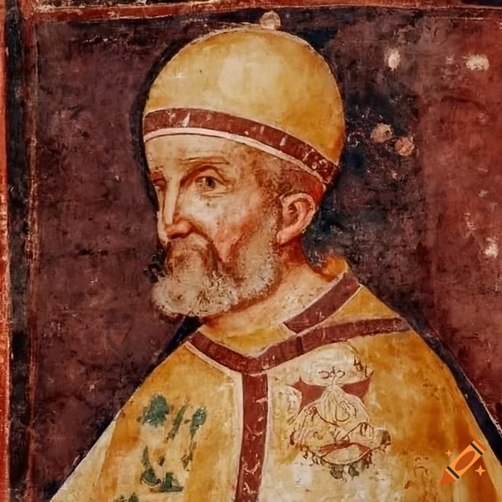 Medieval fresco of a pope kneeling to a king on Craiyon